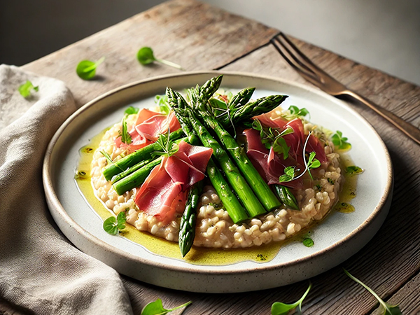 Risotto met ebly® tarwe, groene asperges en coppa - Solucious